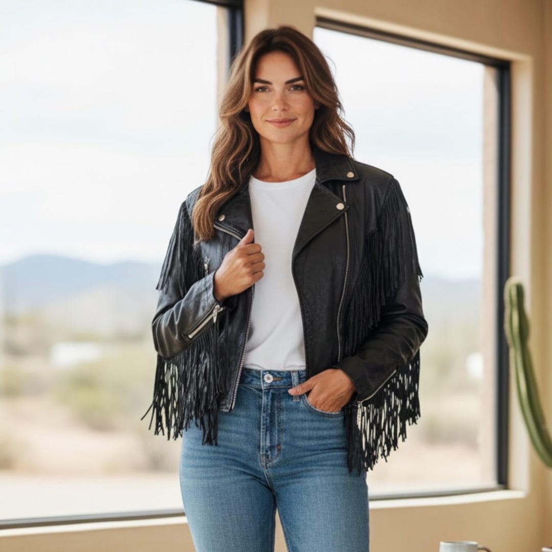Black Leather Jacket L Vintage Fringe Biker Jacket: Western Concho ...