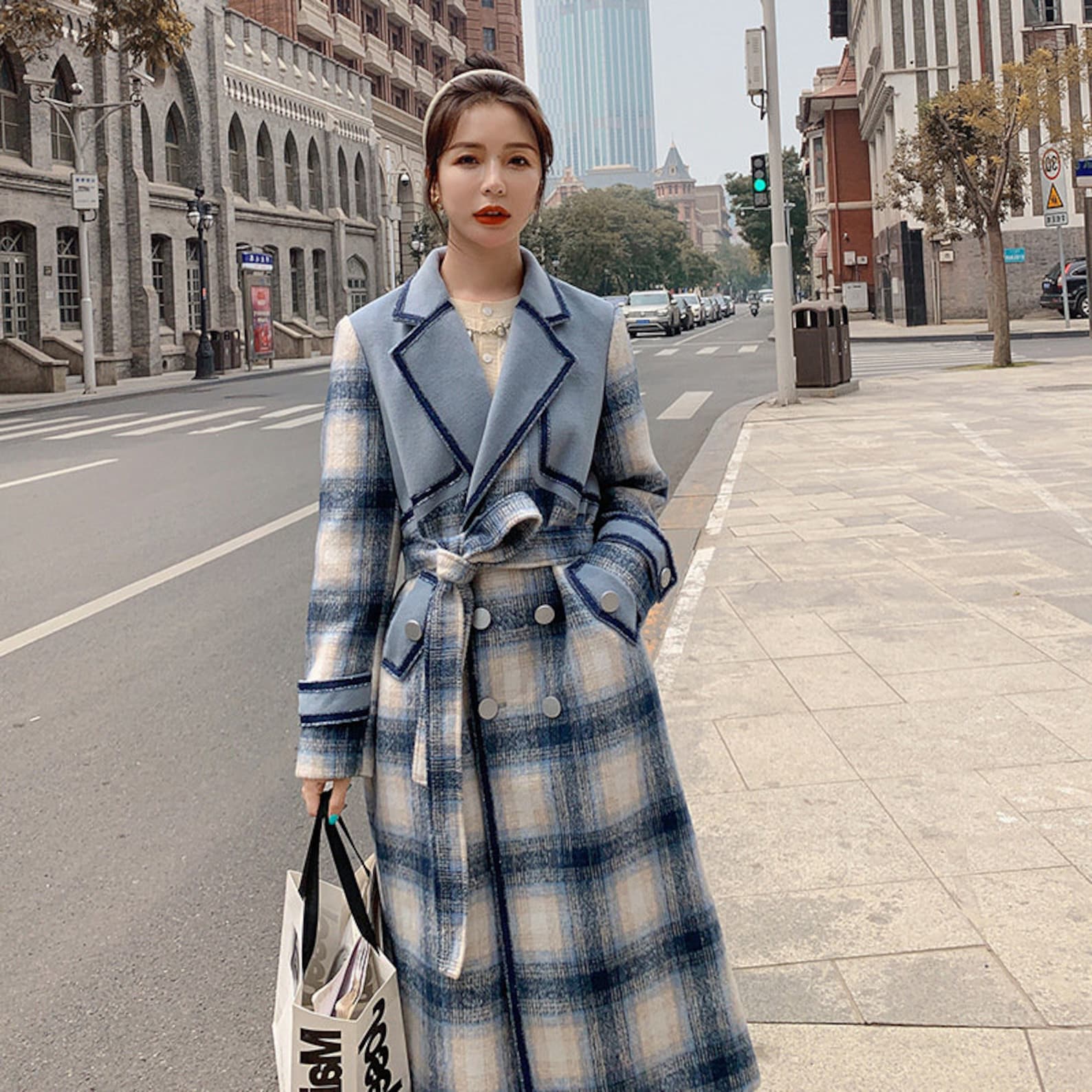 Long Wool Coat Blue Plaid Belted Stylish Winter Jacket Classic Belted ...