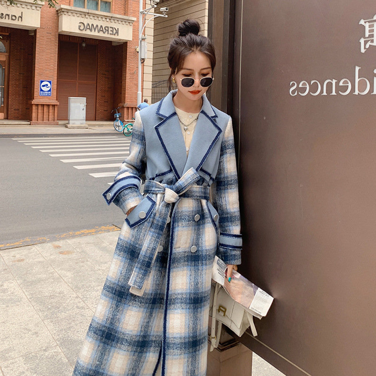 Long Wool Coat Blue Plaid Belted Stylish Winter Jacket Classic Belted ...