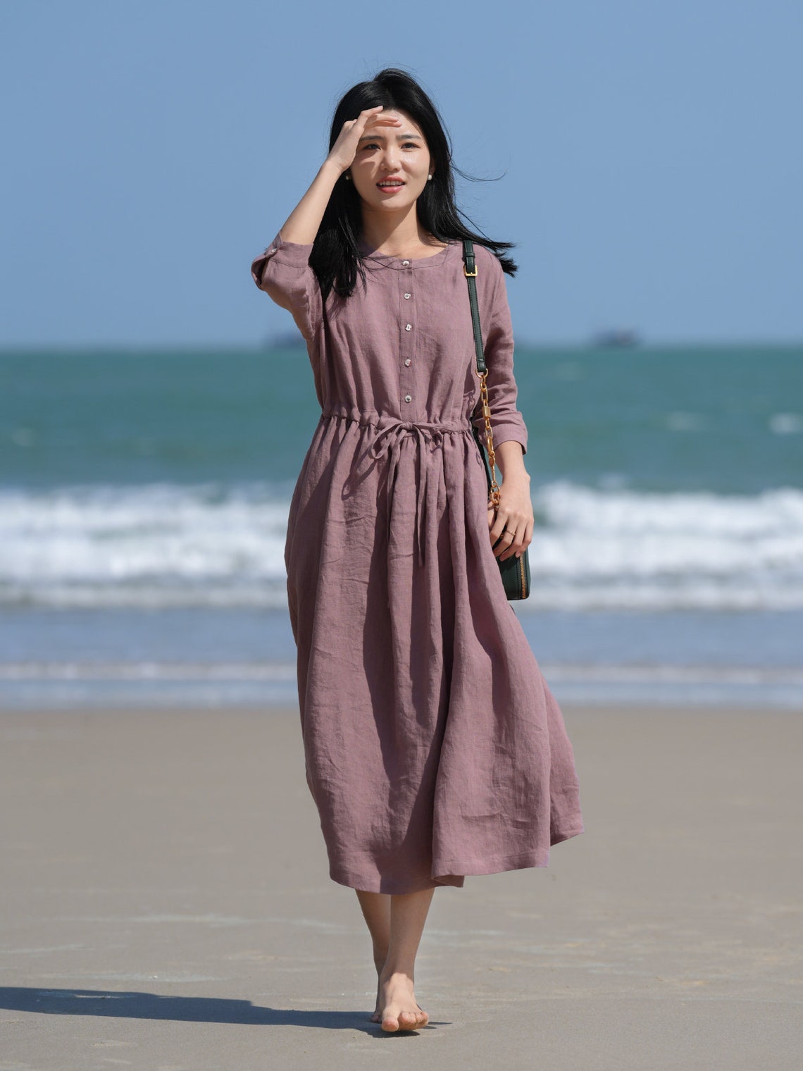 Women Pink Purple Linen Dress Beach Maxi Dress Casual Linen - Etsy