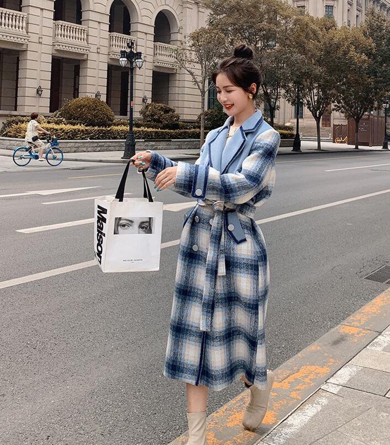 Long Wool Coat Blue Plaid Belted Stylish Winter Jacket Classic Belted ...