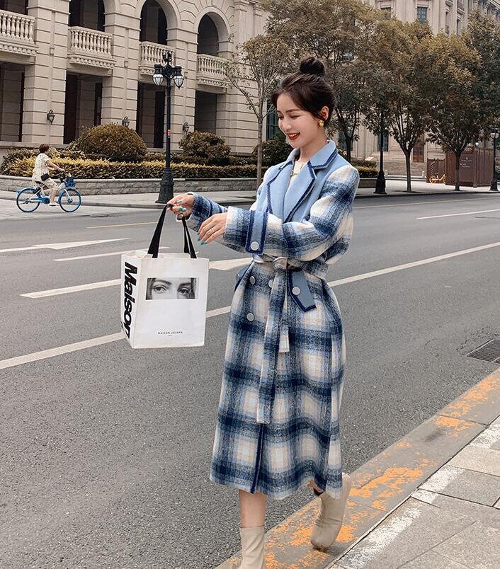 Long Wool Coat Blue Plaid Belted Stylish Winter Jacket Classic Belted ...