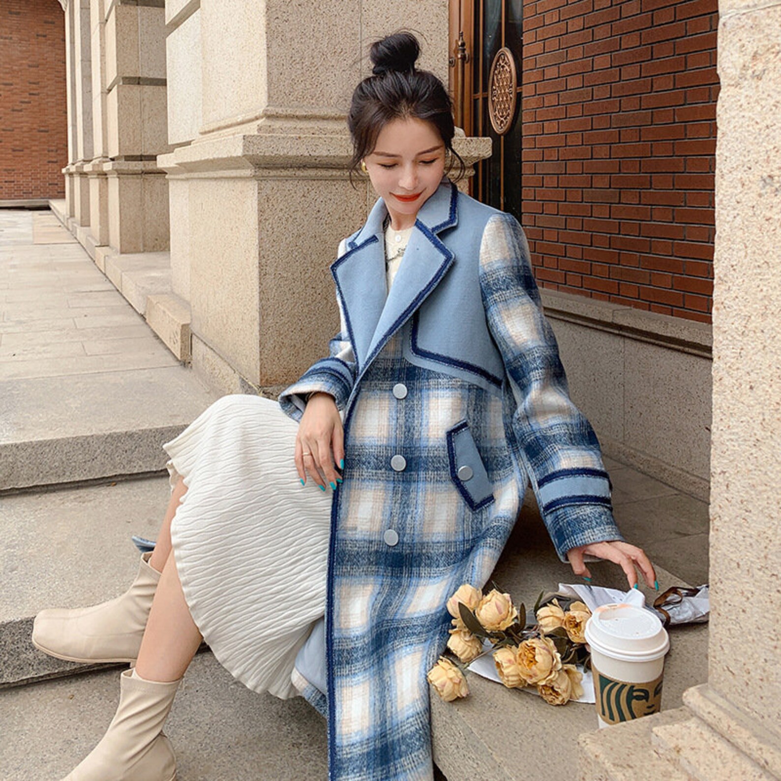 Long Wool Coat Blue Plaid Belted Stylish Winter Jacket Classic Belted ...