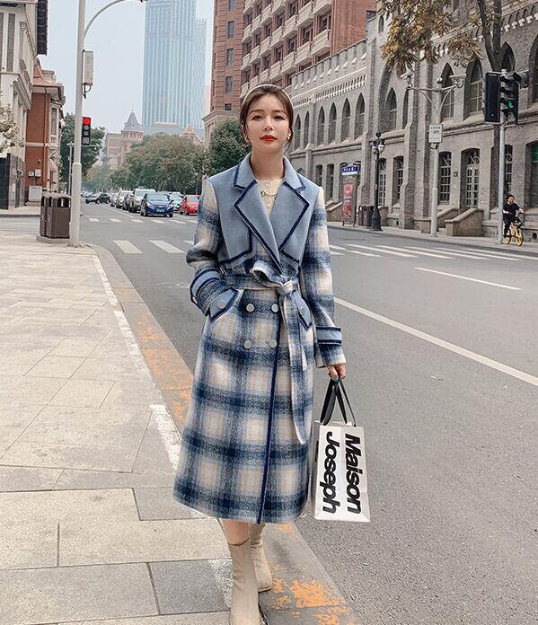 Long Wool Coat Blue Plaid Belted Stylish Winter Jacket Classic Belted ...