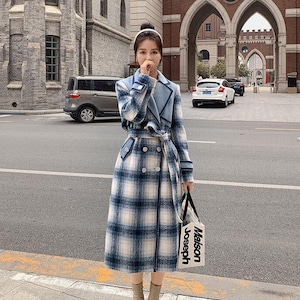 Long Wool Coat Blue Plaid Belted Stylish Winter Jacket Classic Belted ...