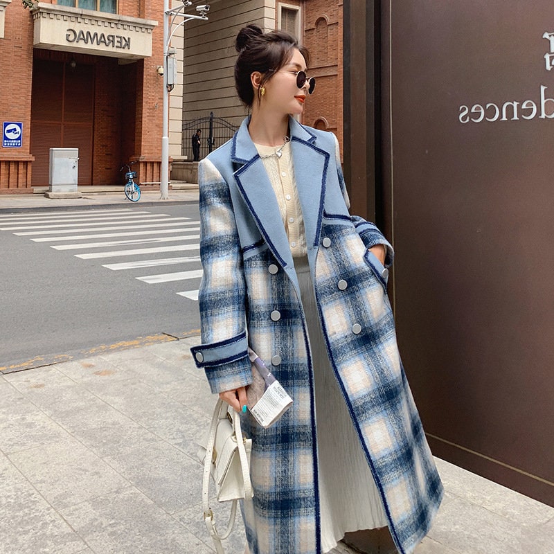 Long Wool Coat Blue Plaid Belted Stylish Winter Jacket Classic Belted ...