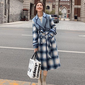 Long Wool Coat Blue Plaid Belted Stylish Winter Jacket Classic Belted ...
