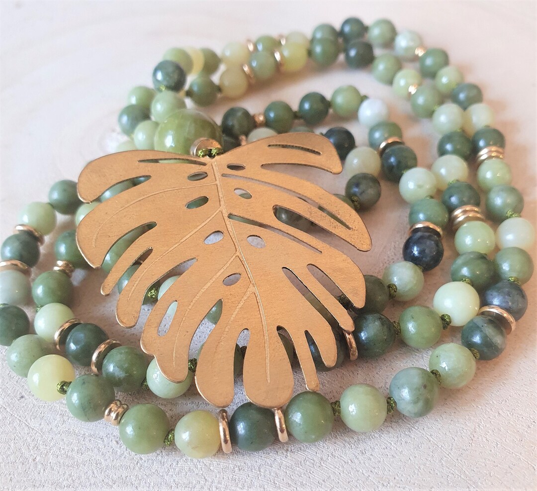 Mala MONSTERA ~ Jade ~ Pierres Fines Véritables ~ Japamala, Collier ...