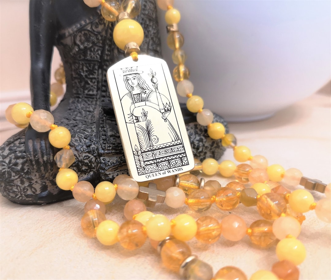 Mala Citrine & Yellow Jade Queen of Sticks, Tarot of Marseille Necklace ...