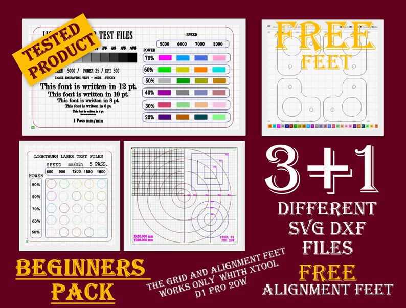 Beginners Pack, 4 Different SVG-DXF Files, Lightburn Laser Test File ...