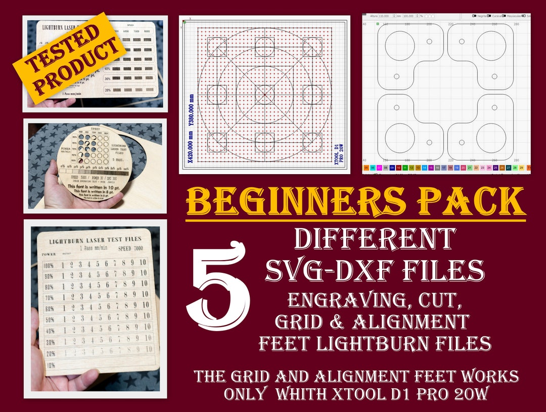 Beginners Pack, 5 Different SVG-DXF Files, Lightburn Laser Test File ...