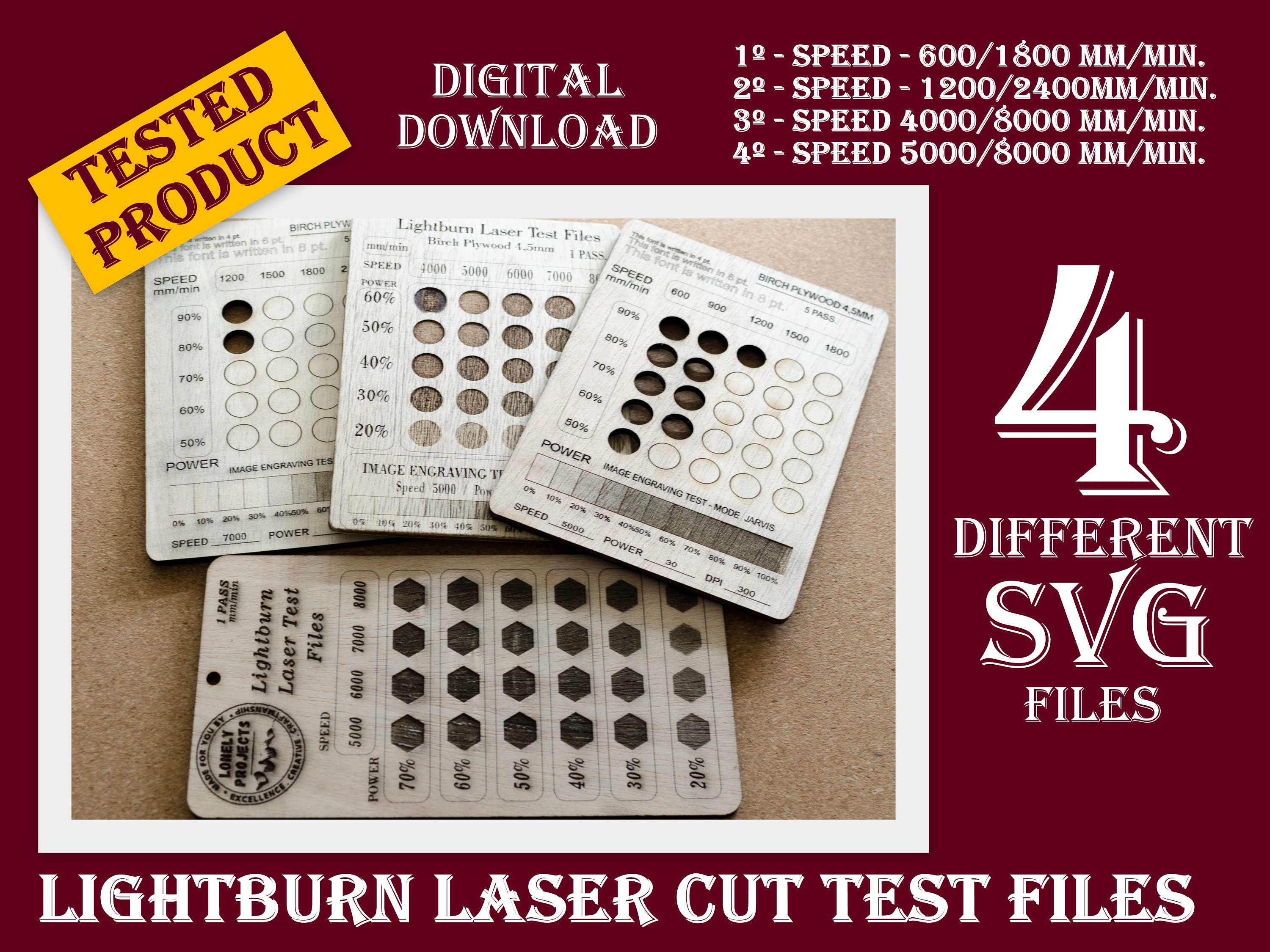 4 Files Lightburn Laser Cut Test Laser Cut Test File SVG Cut Test 
