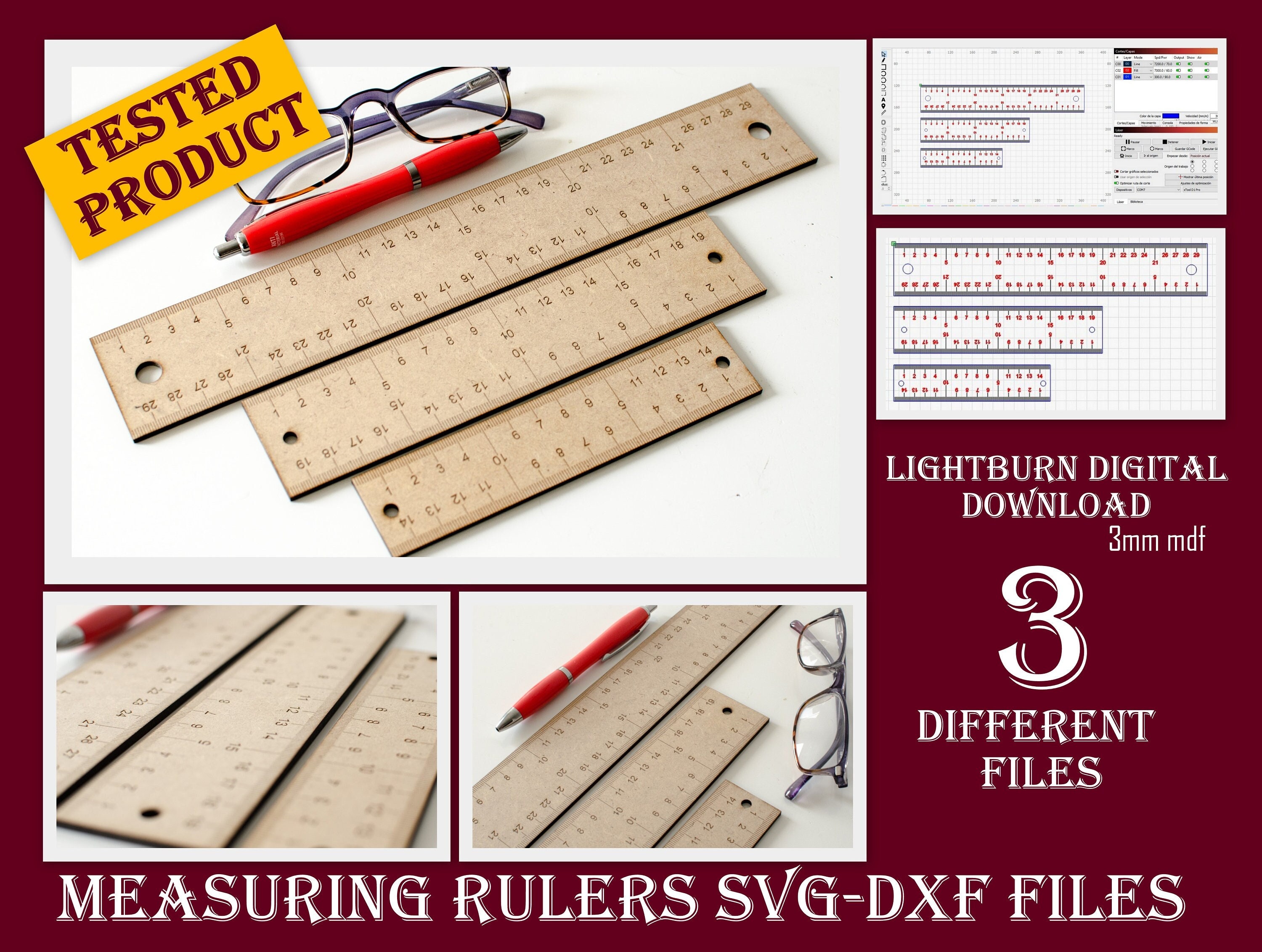 Measuring Rulers Svg-dxf Lightburn Files, Ruler Laser Cut File, School ...