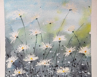 Daisy Watercolor Painting, Original Art, One Line Drawing, Flowers ...