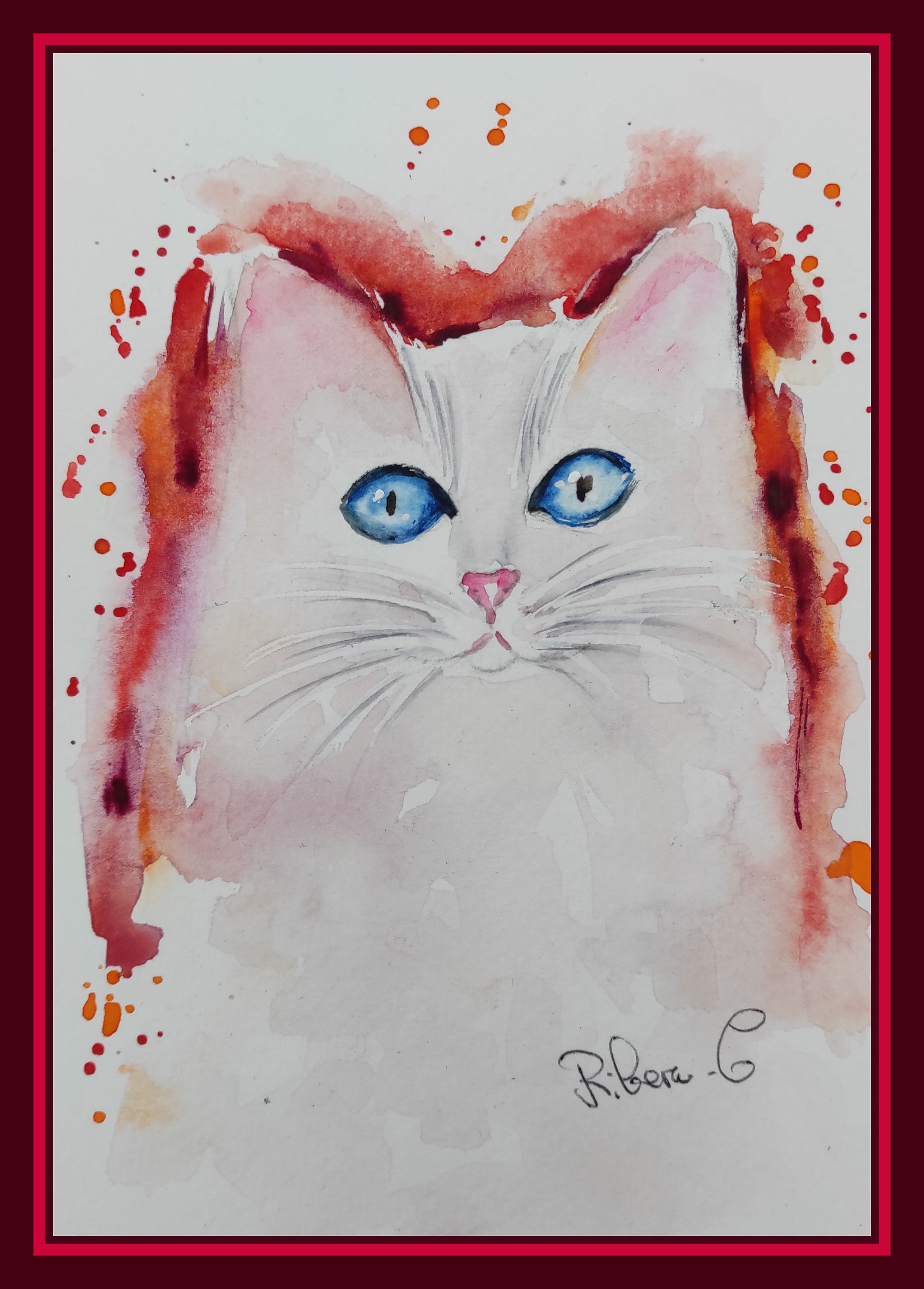 Original Watercolor White Cat, Cat With Intense Gaze, White Cat ...