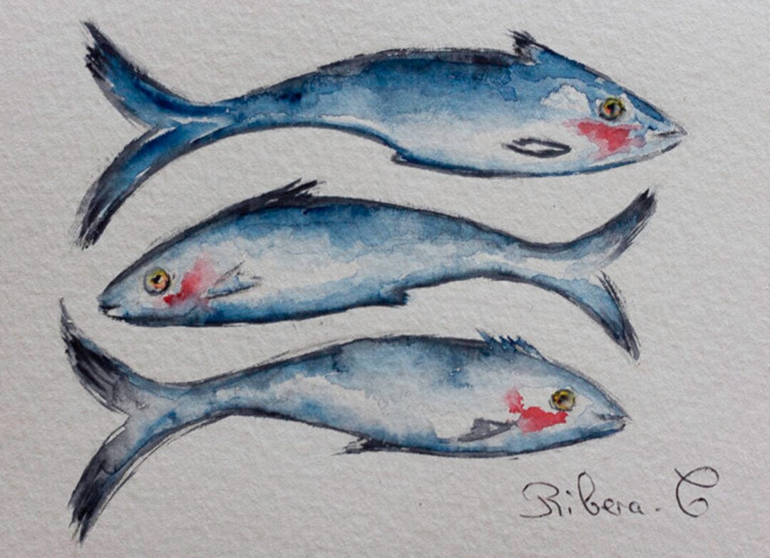 Pilchard Watercolor Painting Sea Food Kitchen Art Sardine Wall Decor ...