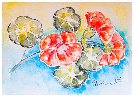 Floral luminous Wall Art Gift art for her botanical watercolor Capucine ...