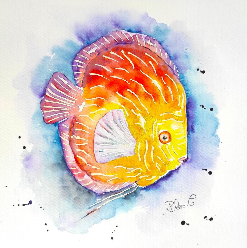 Original Discus Fish Watercolor Painting Vibrant Wall Art for Her Home ...