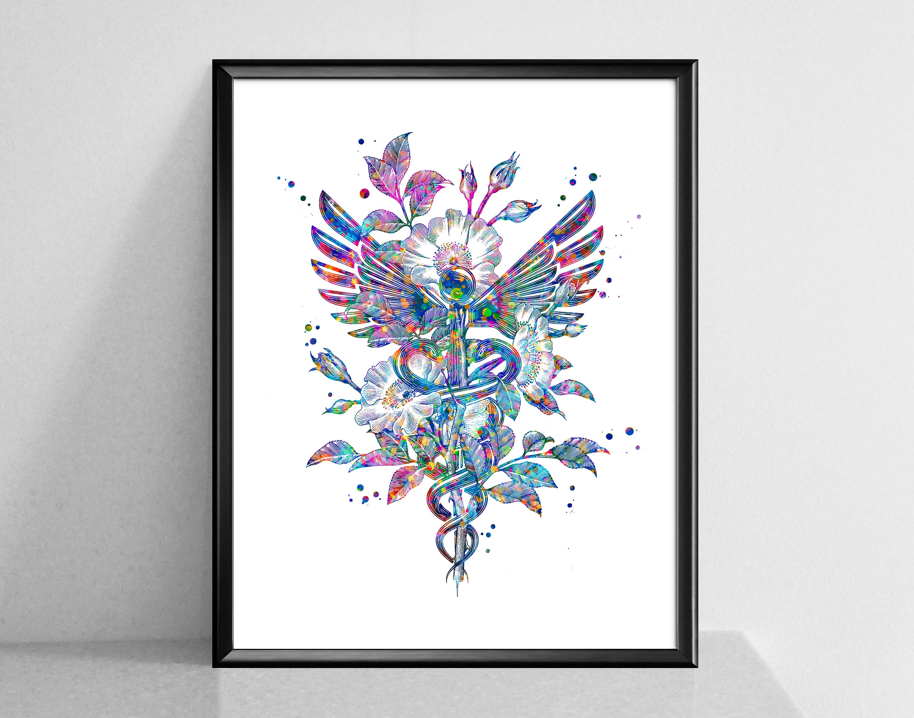 Caduceus and Flowers Art Medical Symbol Art Registered Nurse Gift ...