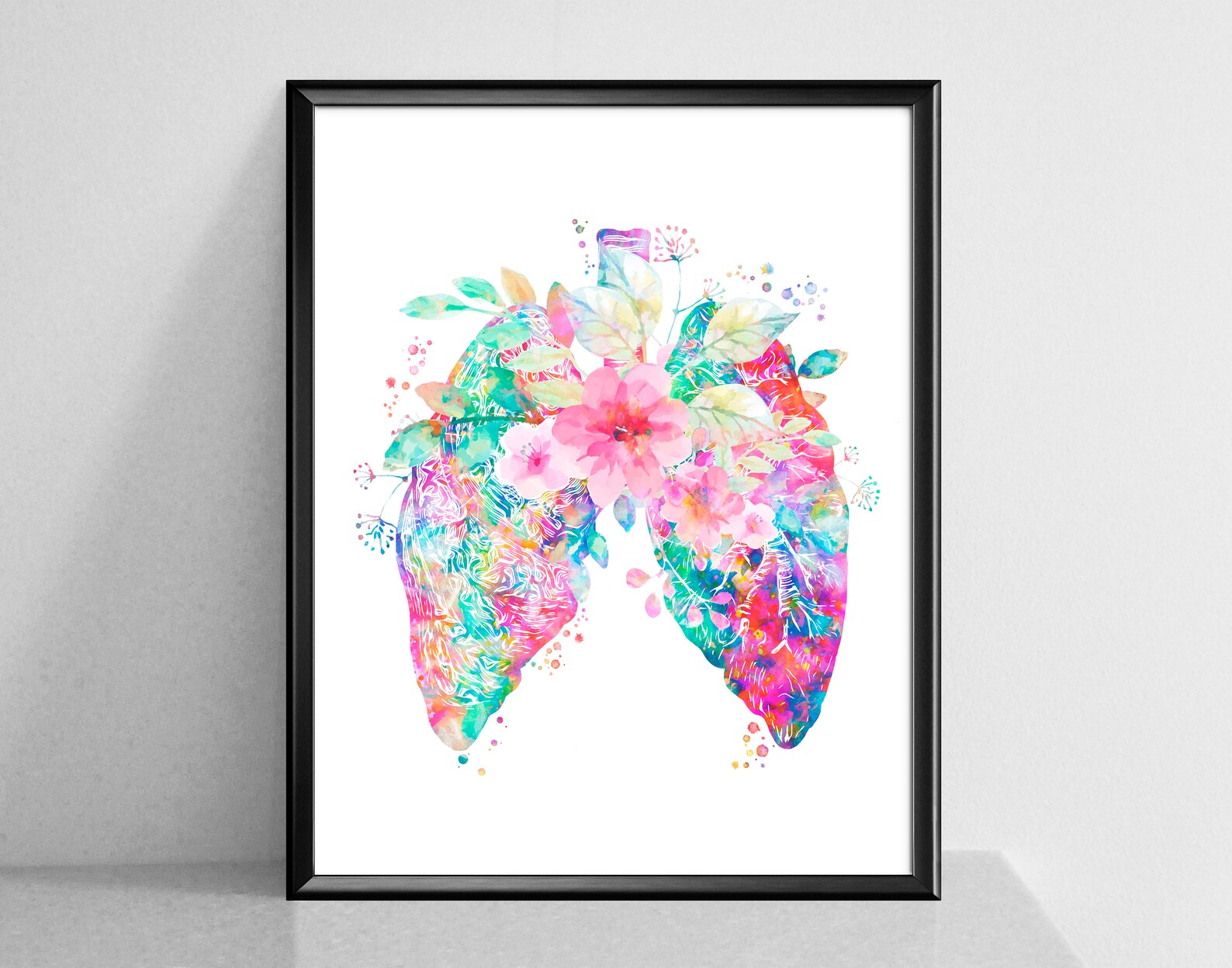 Watercolor Lungs Anatomy Poster Floral Trachea Art Respiratory System ...