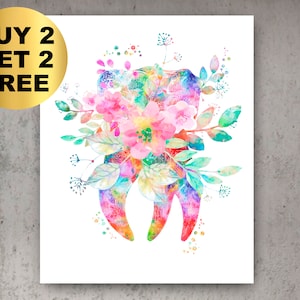 Floral Tooth Anatomy Print Watercolor Dental Art Dentist Gift Doctor ...