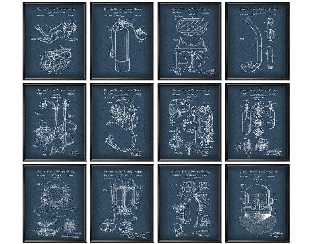 12 Scuba Diving Patent Art Deep Sea Diver Gift Nautical Art Swimming ...