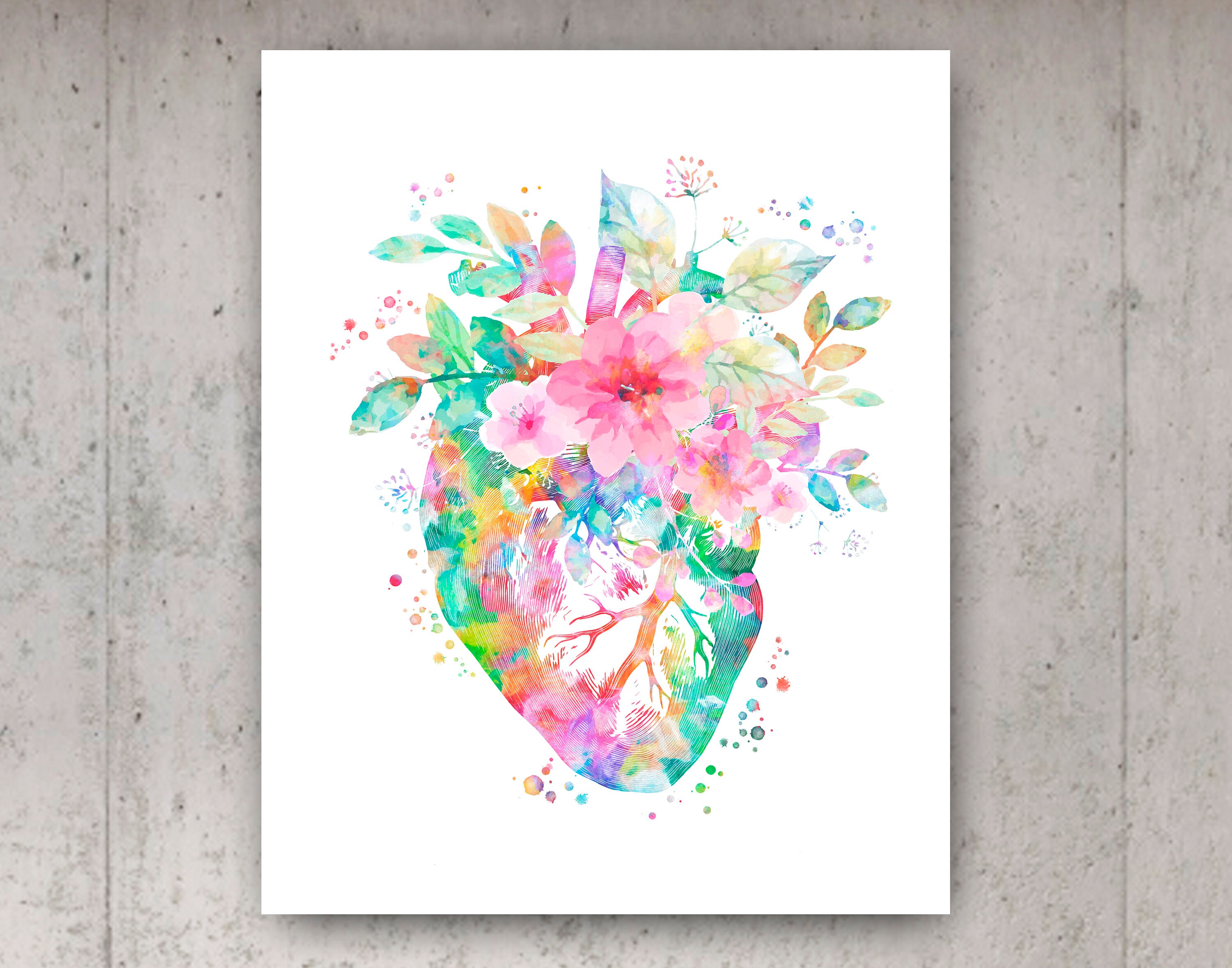 Floral Anatomy Print Set of 8 Watercolor Brain Heart Lungs Kidney Liver ...