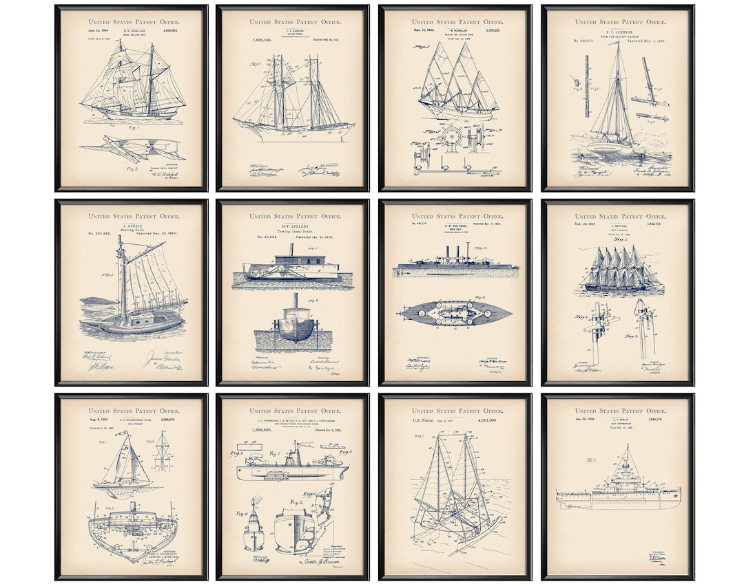 12 Nautical Art Ship Patent Posters Vintage Sailing Blueprint Sailor ...