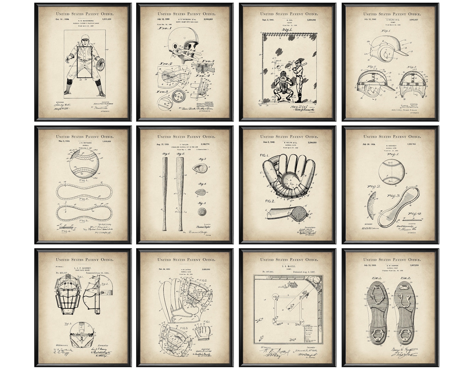 12 Baseball Patent Art Vintage Sport Blueprint Baseball Player Gift ...