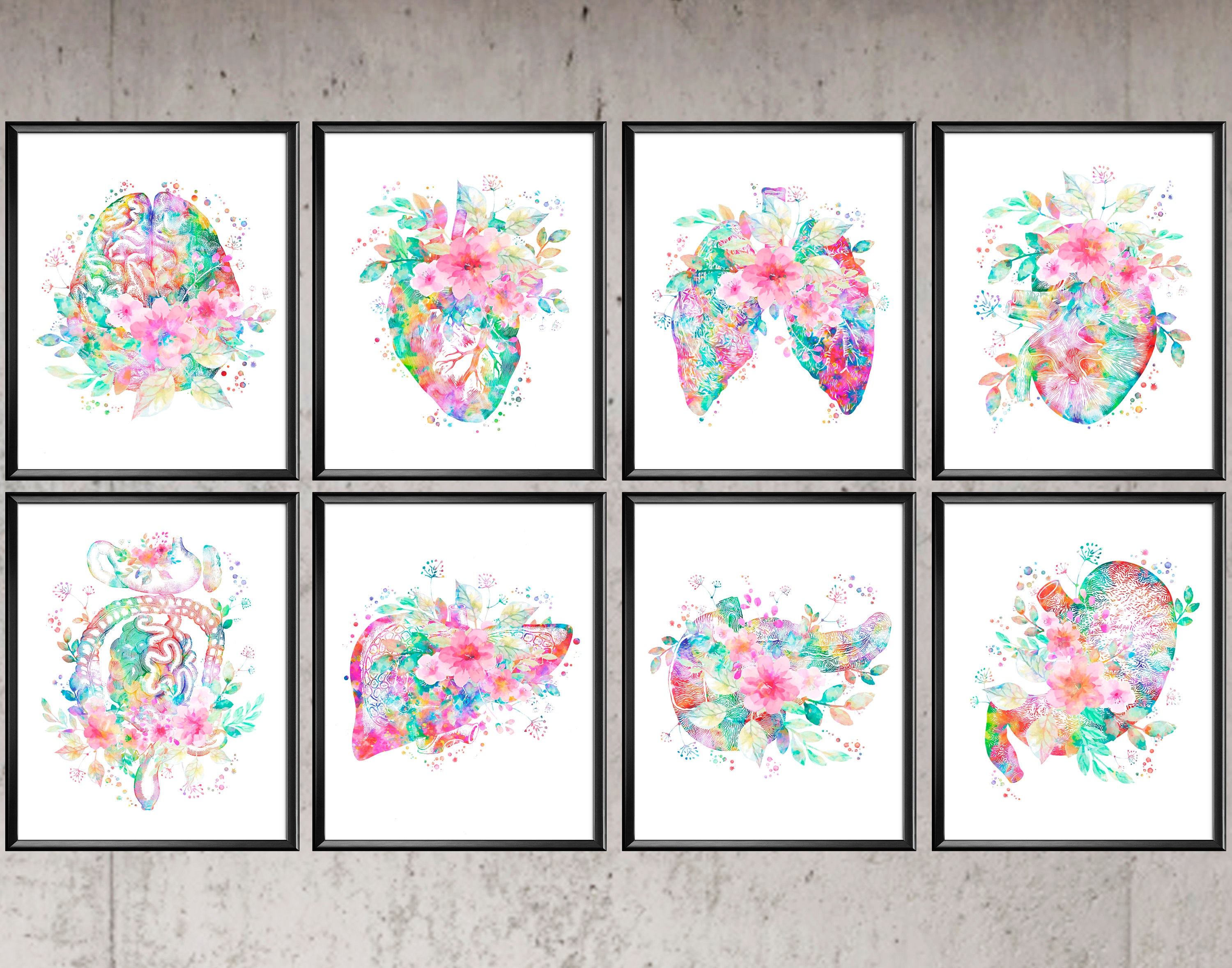Floral Anatomy Print Set of 8 Watercolor Brain Heart Lungs Kidney Liver ...