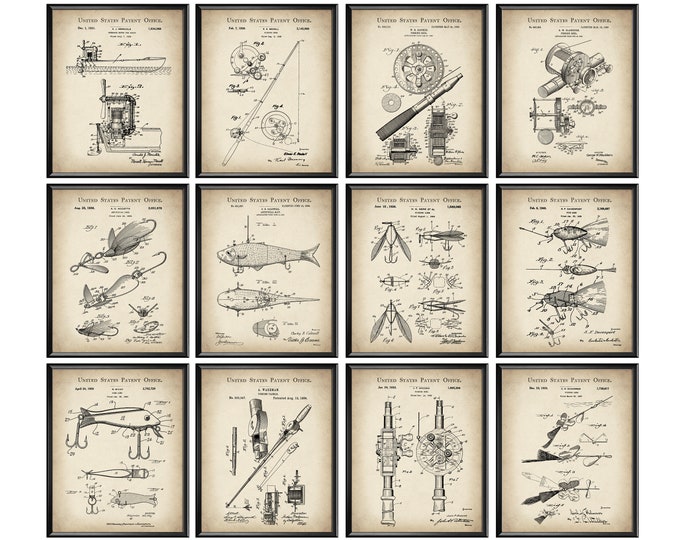 12 Vintage Fishing Patent Drawing Fisherman Gift Fishing Reel Blueprint ...