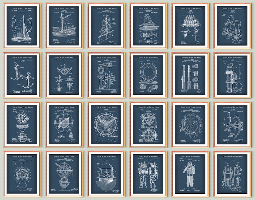 Nautical Patent Print Set of 24 Nautical Art Sailing Art Sailor Gift ...