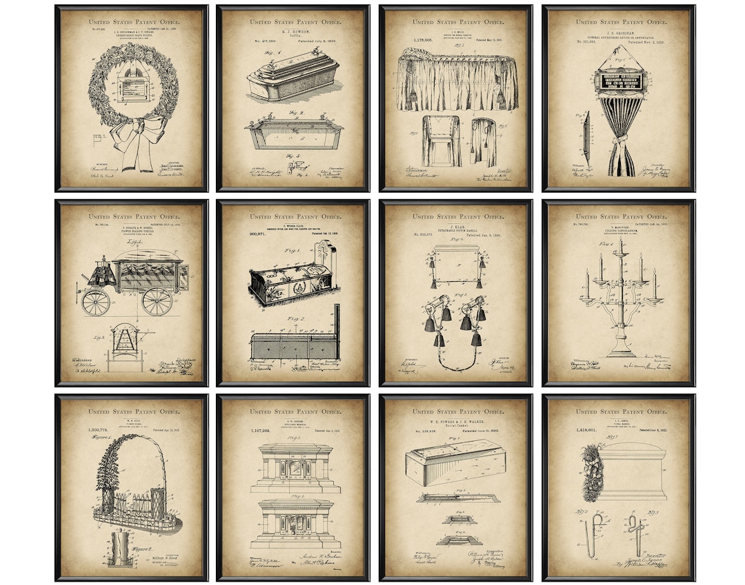 12 Vintage Funeral Service Patent Art Cremation Blueprint Burial Ground ...