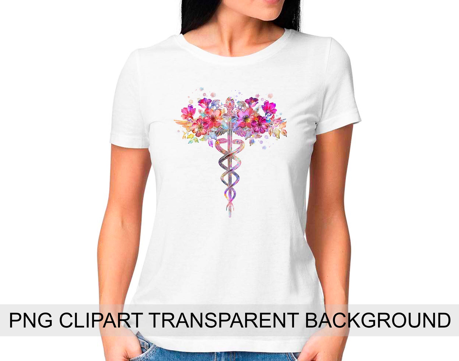 Caduceus Floral Clipart Watercolor Png Clipart Caduceus Symbol - Etsy