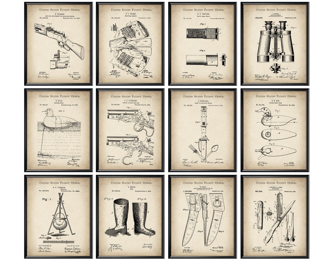 12 Hunting Patent Art Hunter Gift Huntsman Equipment Blueprint Trapper ...