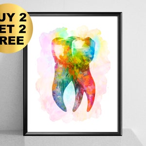 Watercolor Tooth Print Dental Art Hygienist Office Decor Orthodontist ...