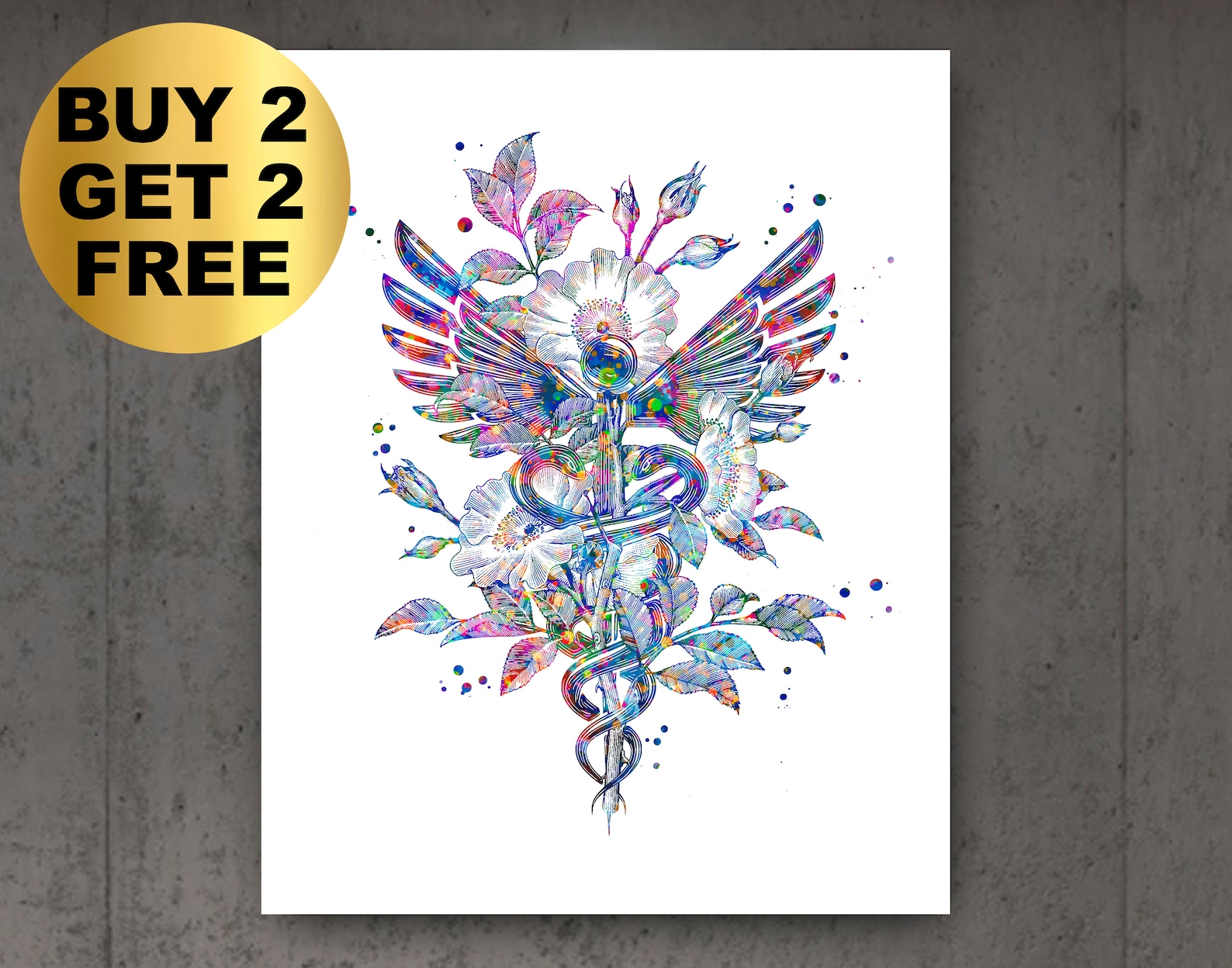 Caduceus and Flowers Art Medical Symbol Art Registered Nurse Gift ...