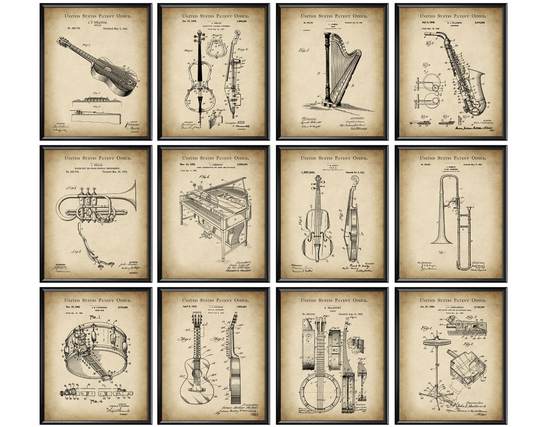 12 Musical Instruments Blueprint Music Patent Art Gift for Musician ...
