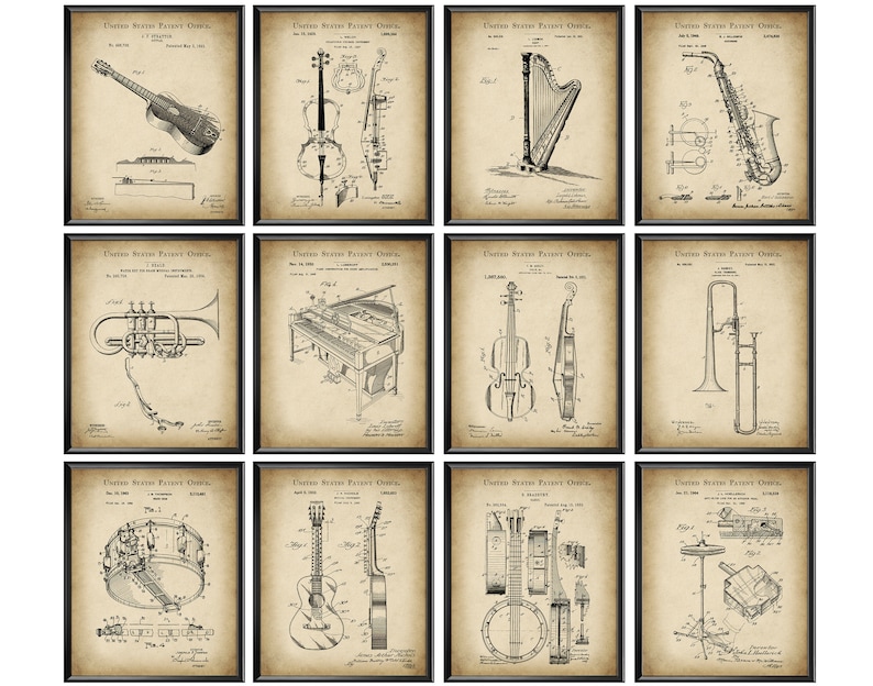 12 Musical Instruments Blueprint Music Patent Art Gift for - Etsy