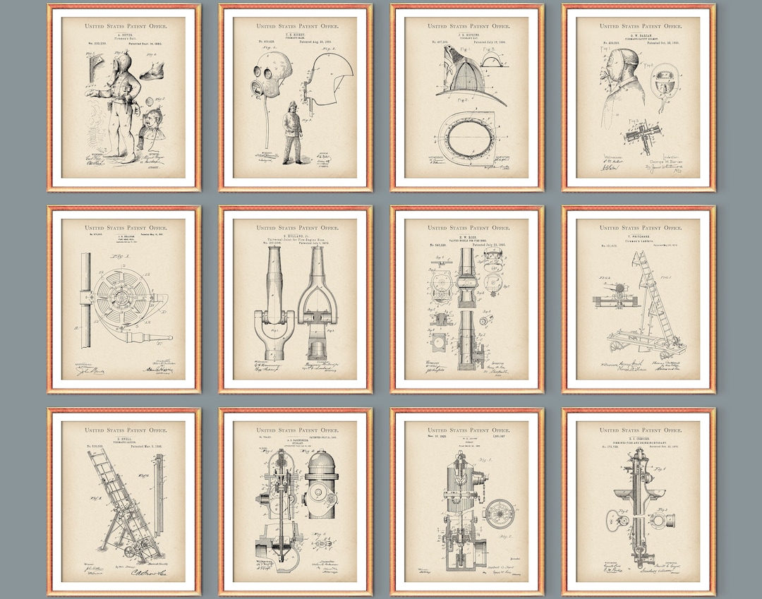 12 Fireman Gift Firefighter Patent Art Vintage Blueprint Hydrant Patent ...