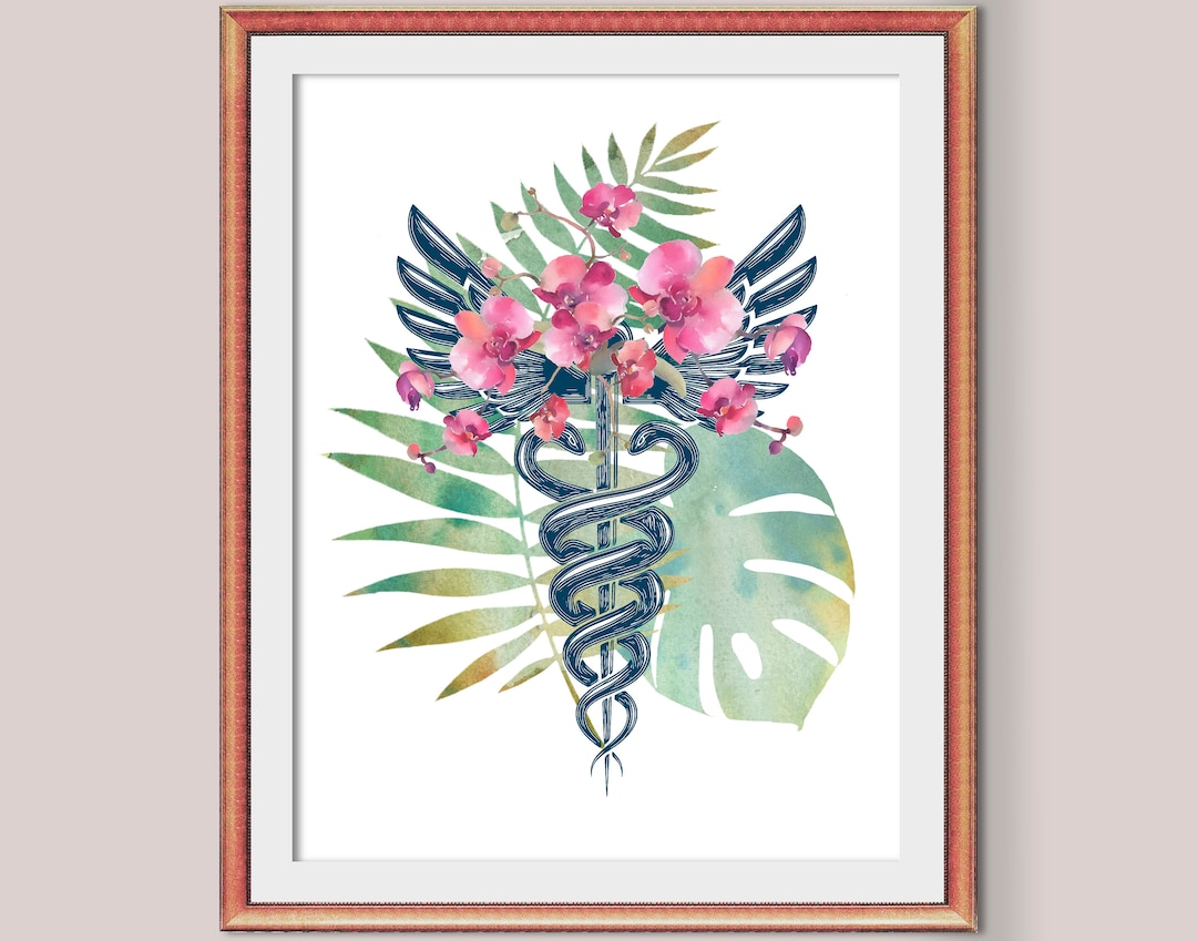 Caduceus and Tropical Flowers Art Nurse Graduation Gift Medical Symbol ...