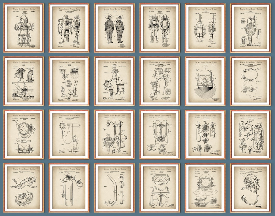 24 Diving Patent Art Nautical Blueprint Scuba Diving Equipment ...
