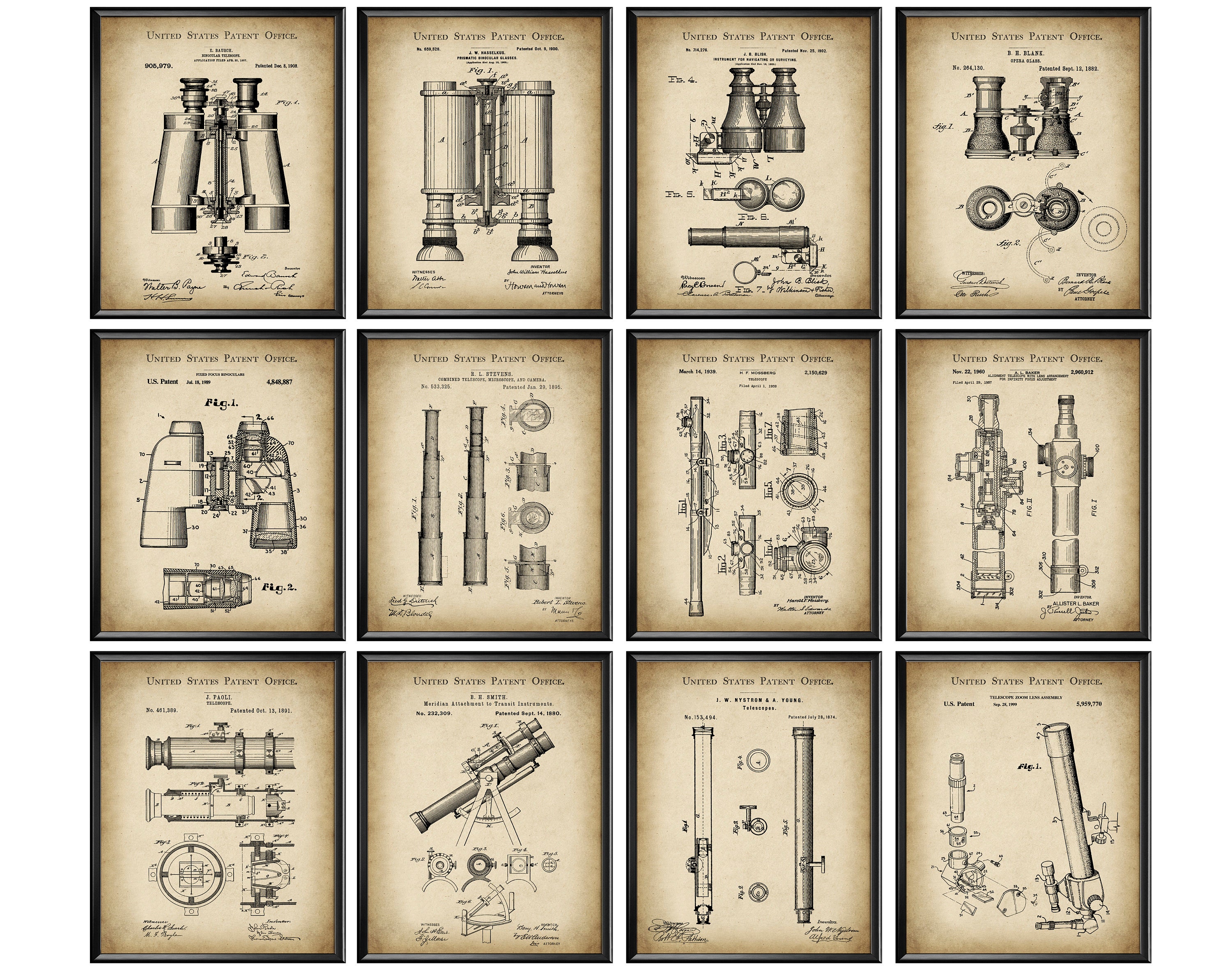 12 Binocular Patent Art Vintage Spyglass Blueprint Telescope Patent ...