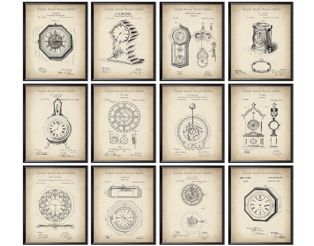 12 Vintage Clock Patent Art Watch Blueprint Calendar Clock Scheme Art ...