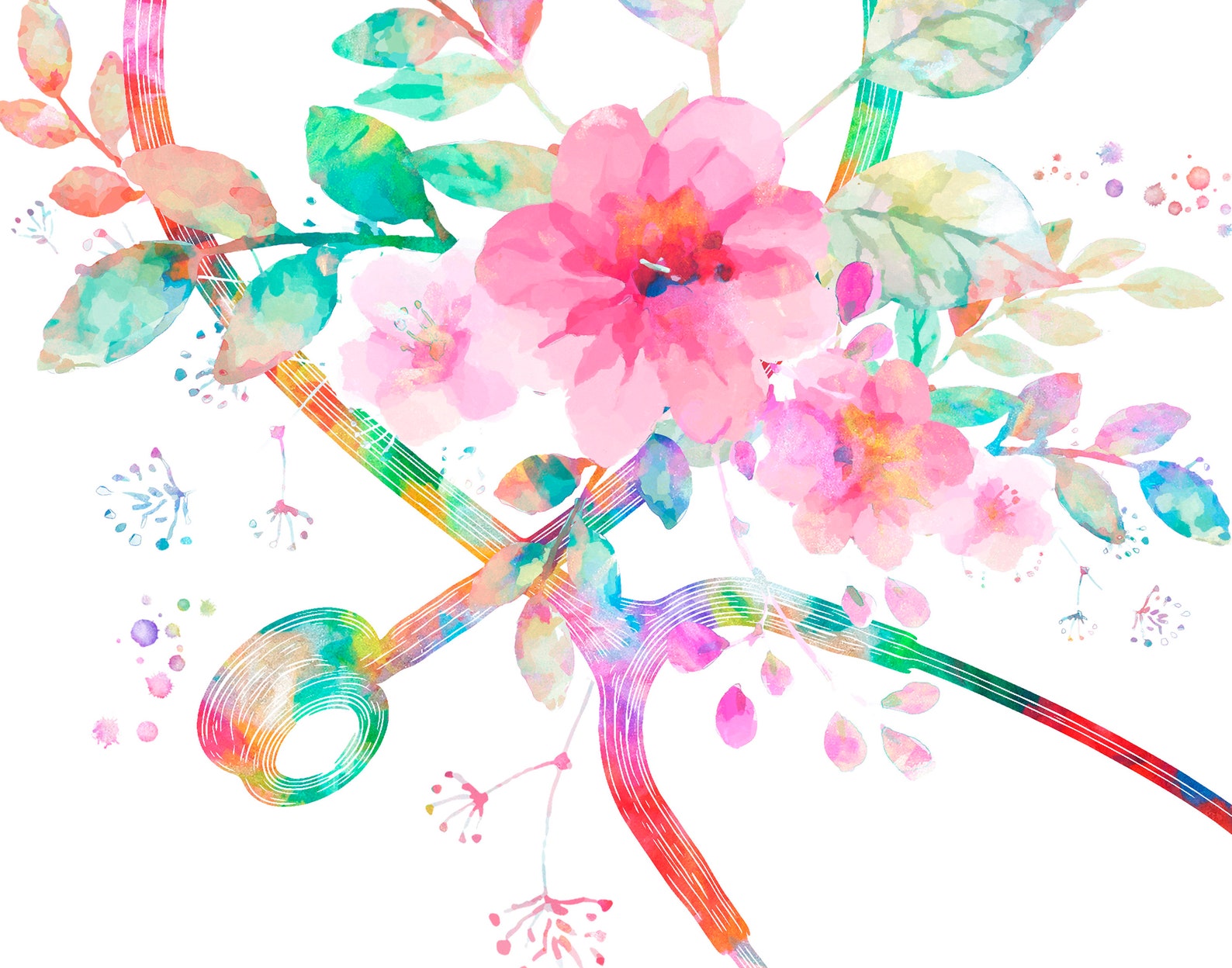 Nurse Gift Caduceus Watercolor Art Stethoscope and Flowers - Etsy