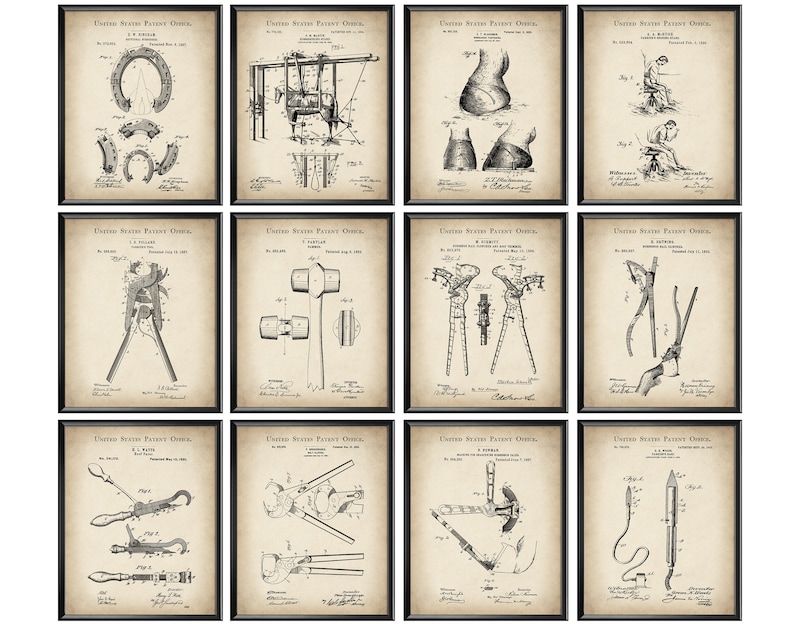 12 Vintage Farrier Patent Art Horseshoer Blueprint Blacksmith Gift Shoe ...