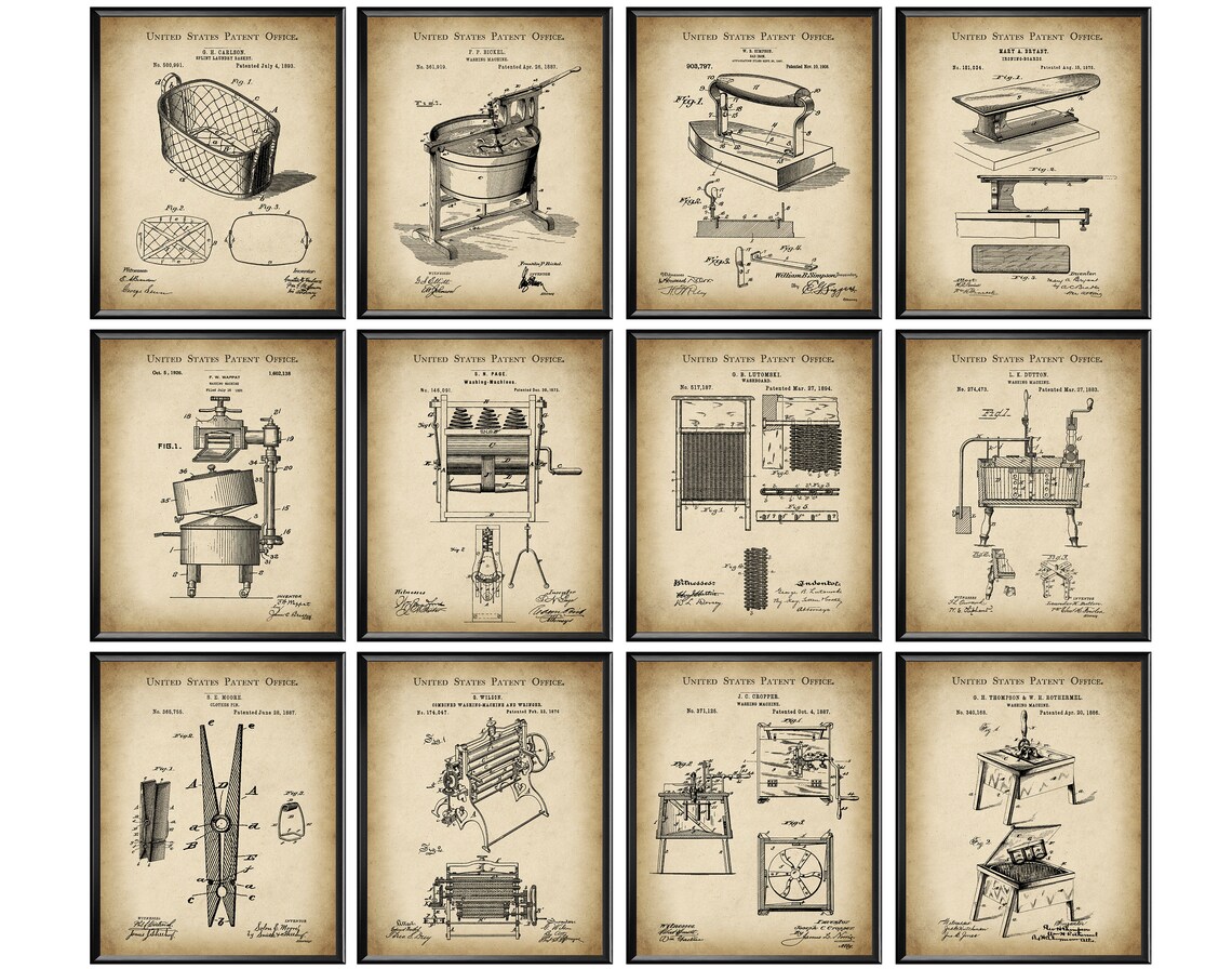 12 Laundry Room Patent Decor Vintage Washing Machine Blueprint Vintage ...