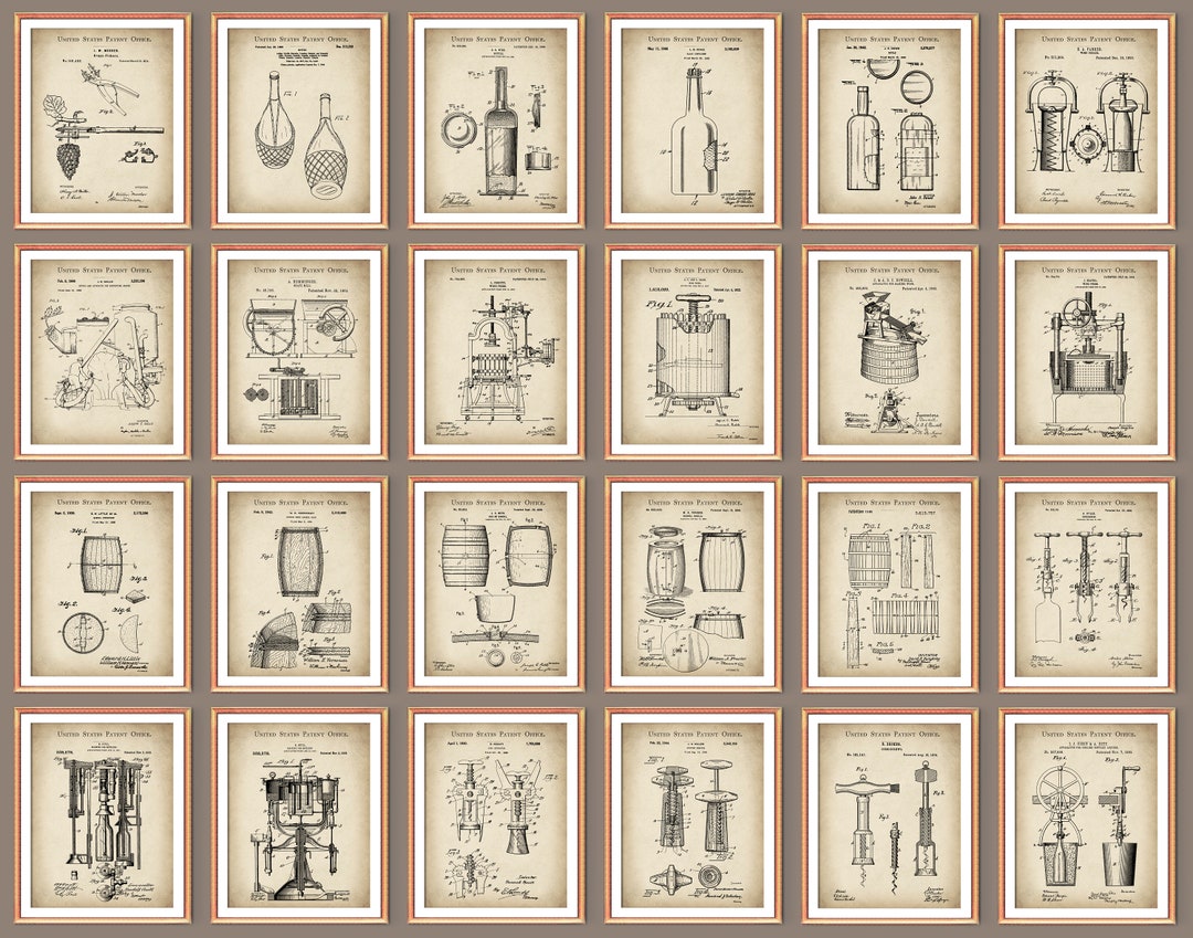 24 Vintage Wine Patent Art Alcohol Blueprint Winery Decor Wine Bottle ...