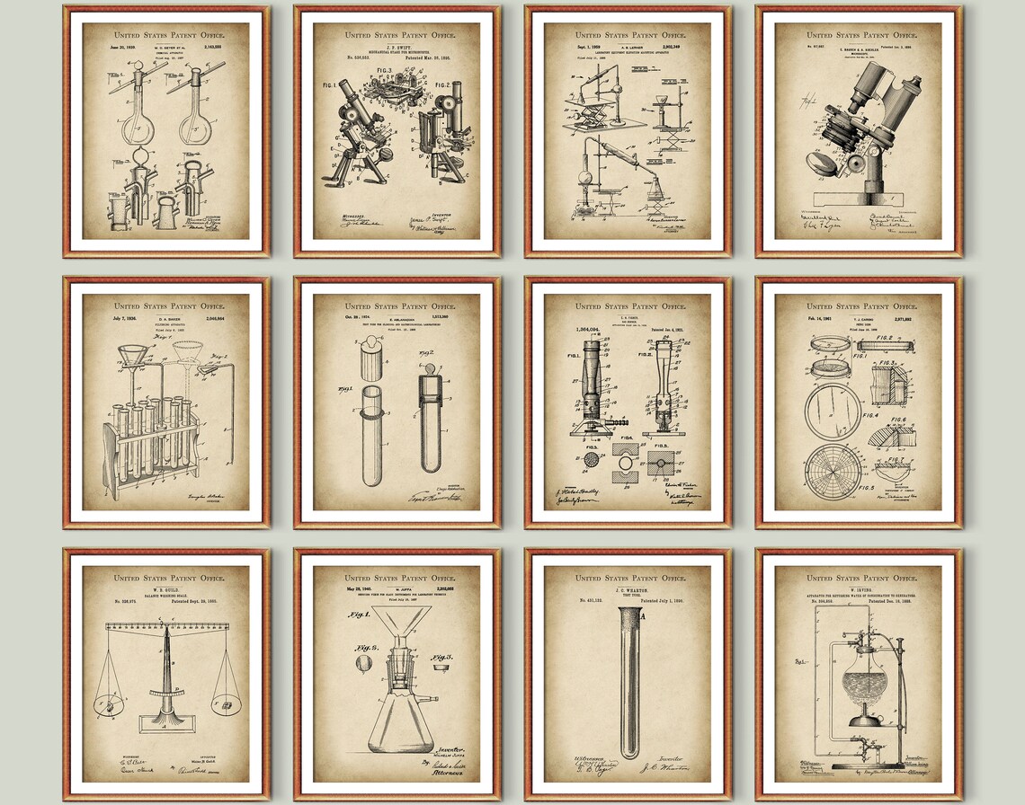 12 Vintage Chemistry Science Lab Equipment Patent Art Laboratory Decor ...