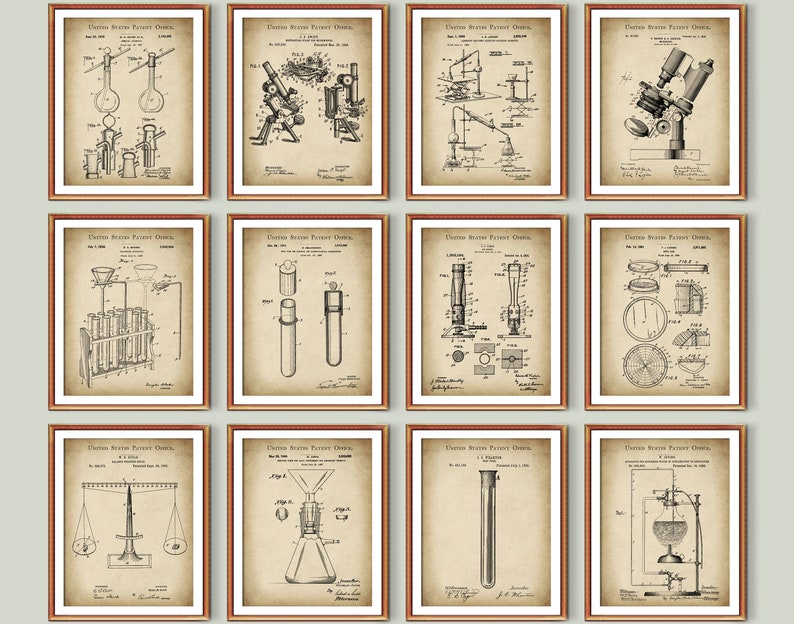 12 Vintage Chemistry Science Lab Equipment Patent Art Laboratory Decor ...